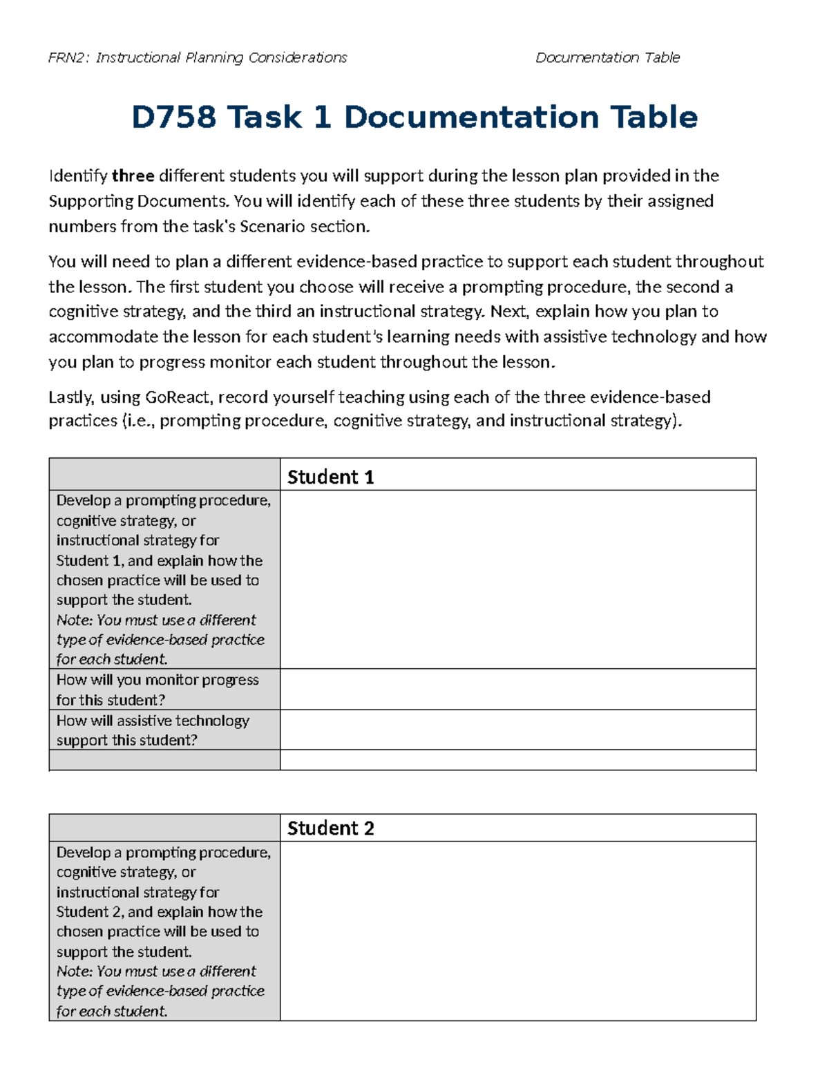 FRN2: D758 Task 1 - Instructional Planning for Diverse Learners - Studocu