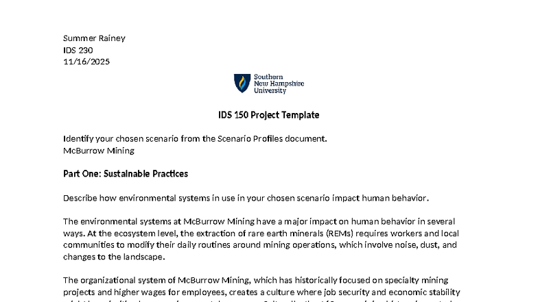 IDS 230/IDS 150 Project Draft: McBurrow Mining & Sustainability - Studocu