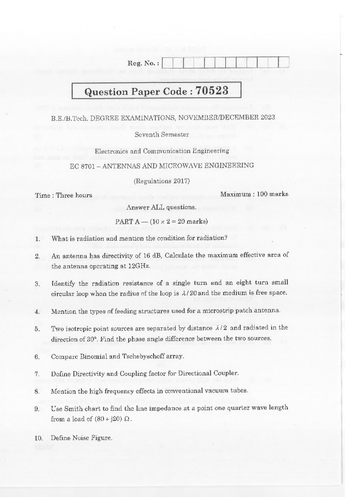 EC 8701 Final Exam: Antennas and Microwave Engineering 2023 - Studocu