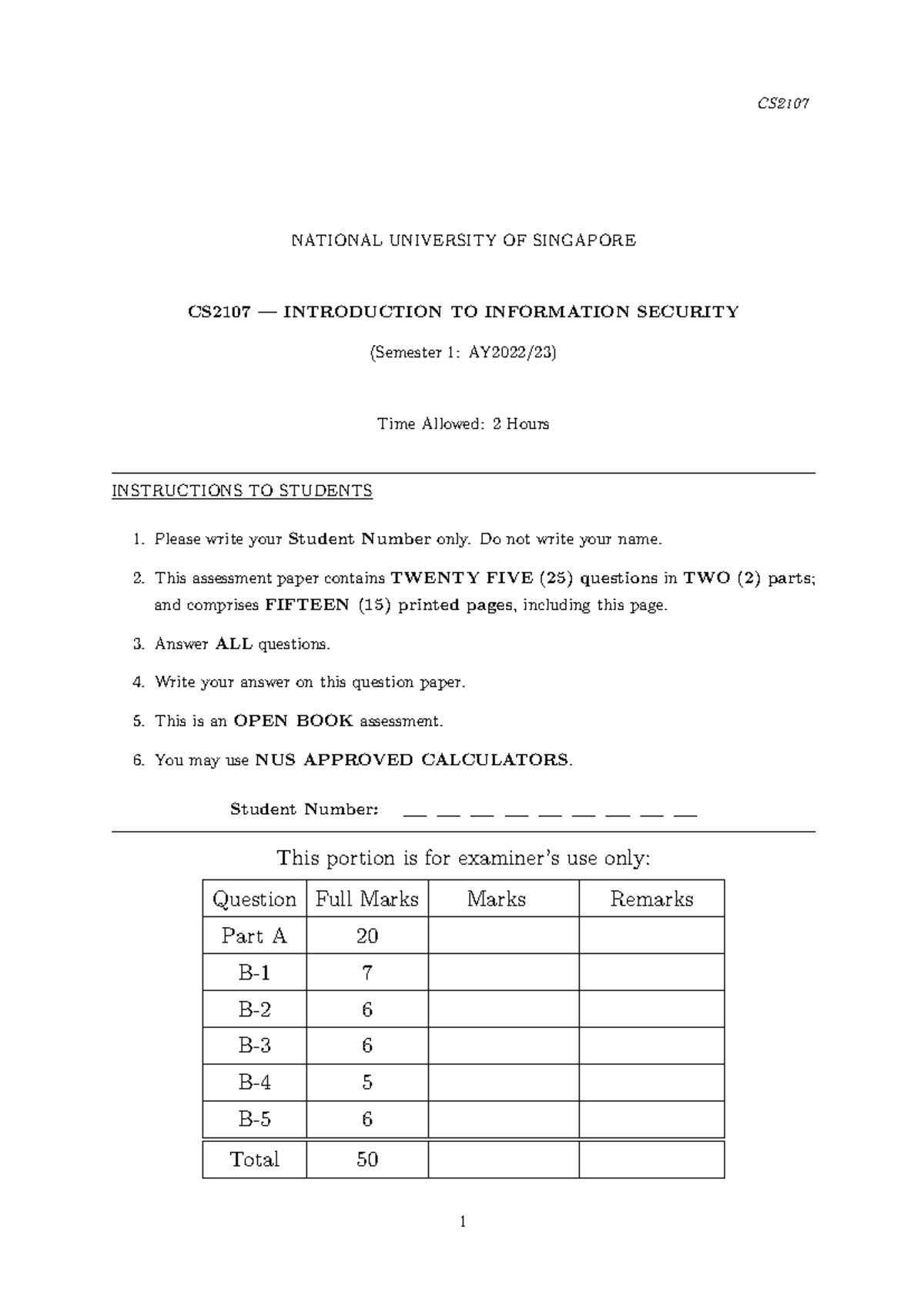 CS2107 Practice Paper: Introduction to Information Security Exam - Studocu
