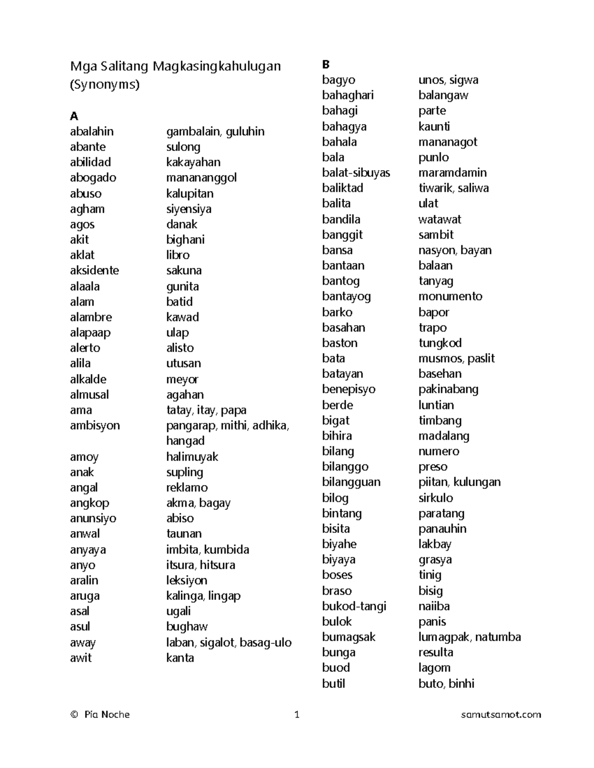 Filipino Synonym Pairs Study Guide для урока Filipino 101 - Studocu