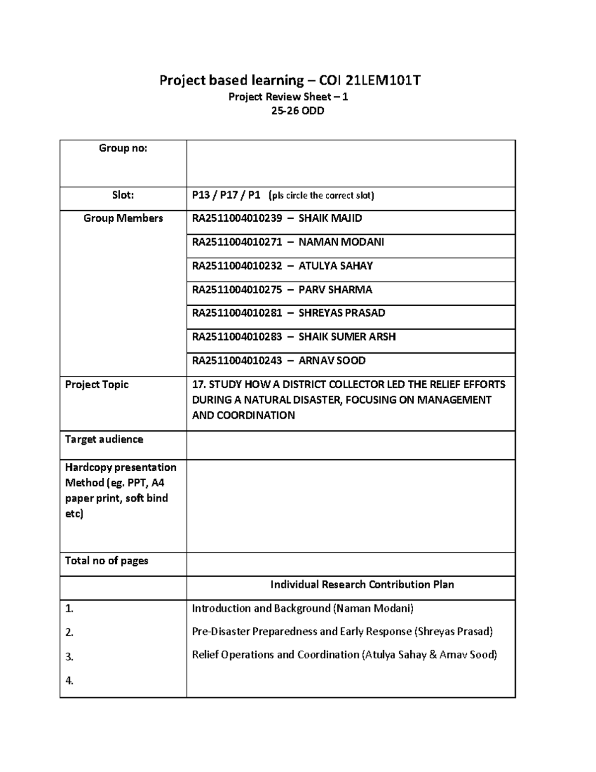 Project Based Learning COI 21LEM101T Case Study Review Sheet - Studocu
