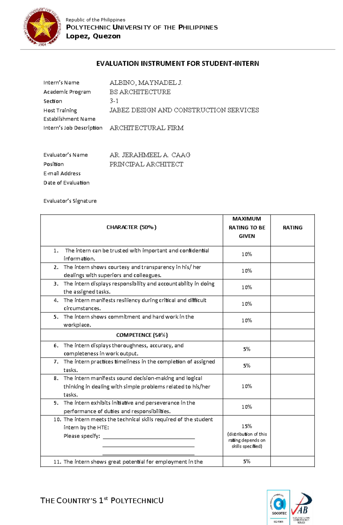 Evaluation Instrument for Student Intern - BS Architecture (PUP) - Studocu