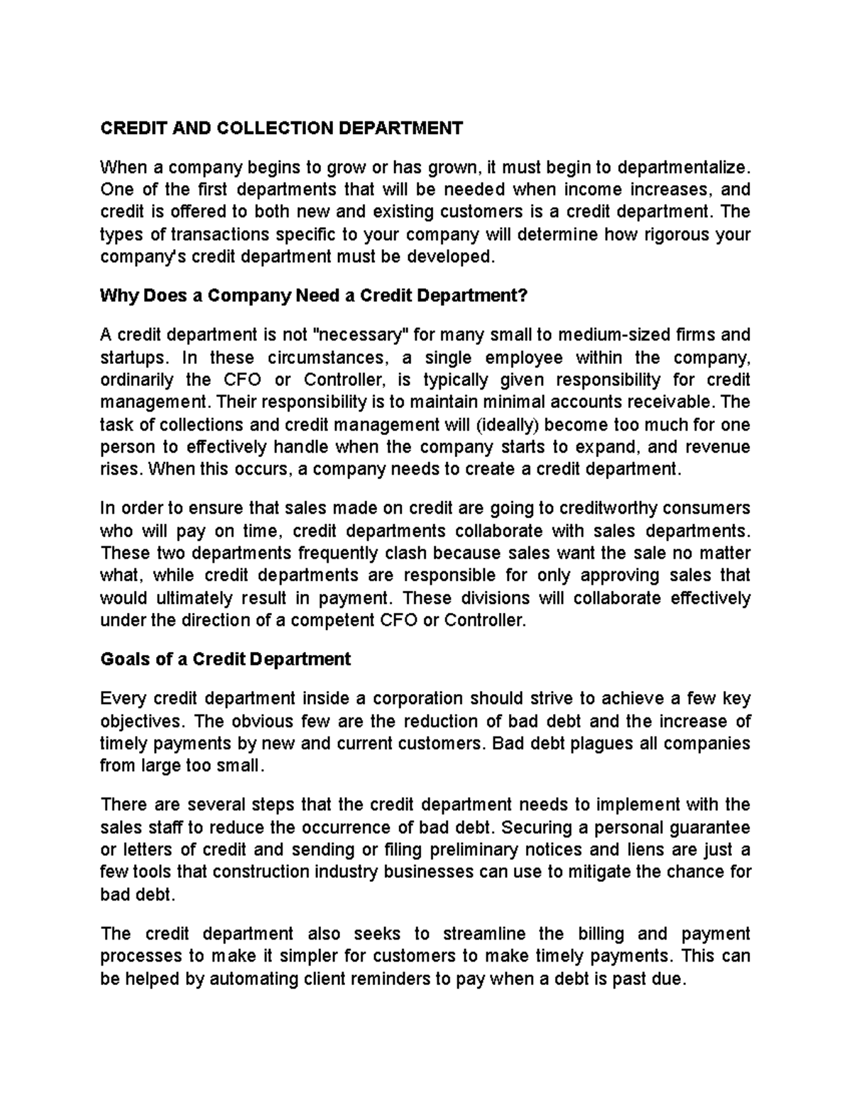 Credit AND Collection Department Overview and Objectives - Studocu