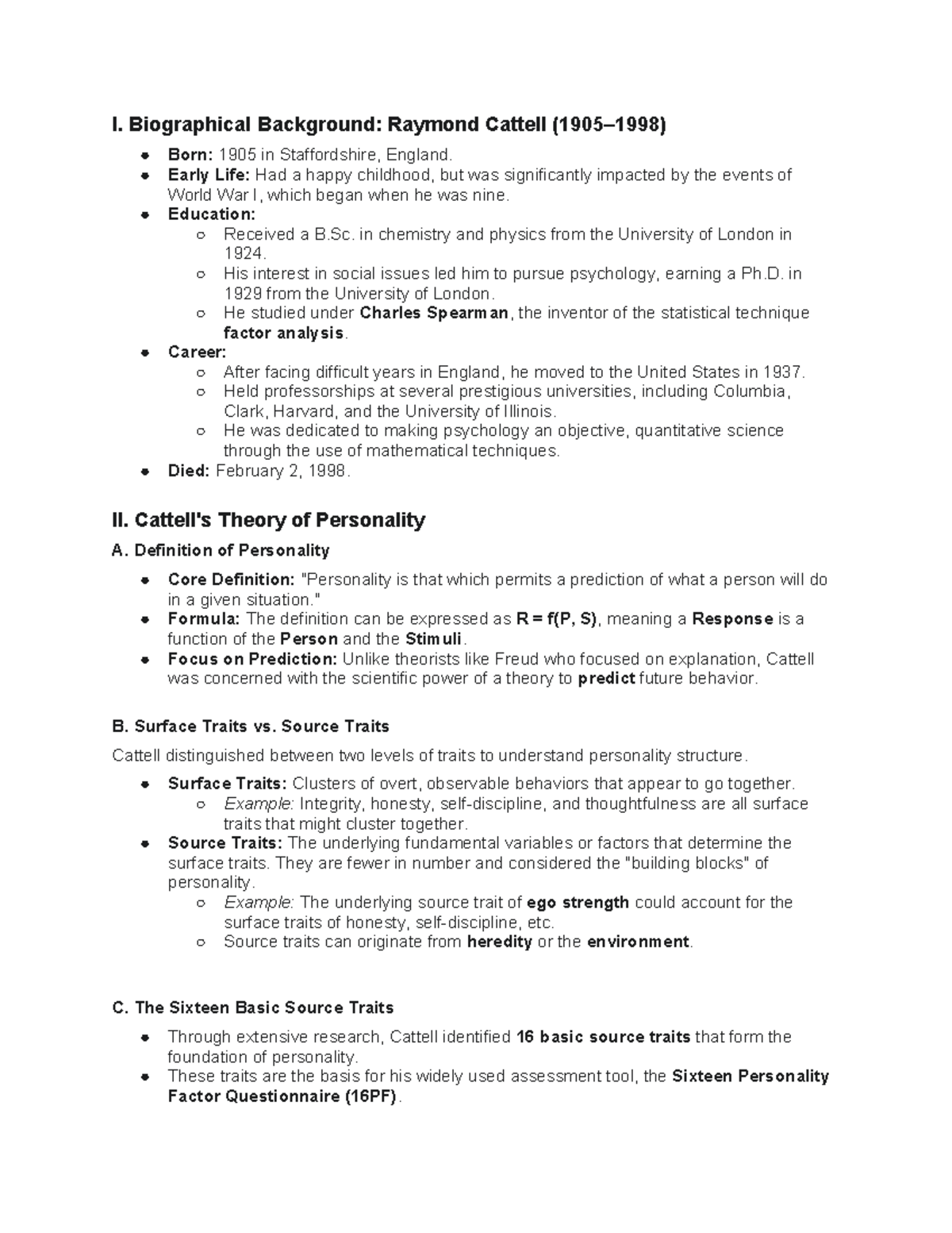 Raymond Cattell: Biographical Notes & Personality Theory Overview - Studocu