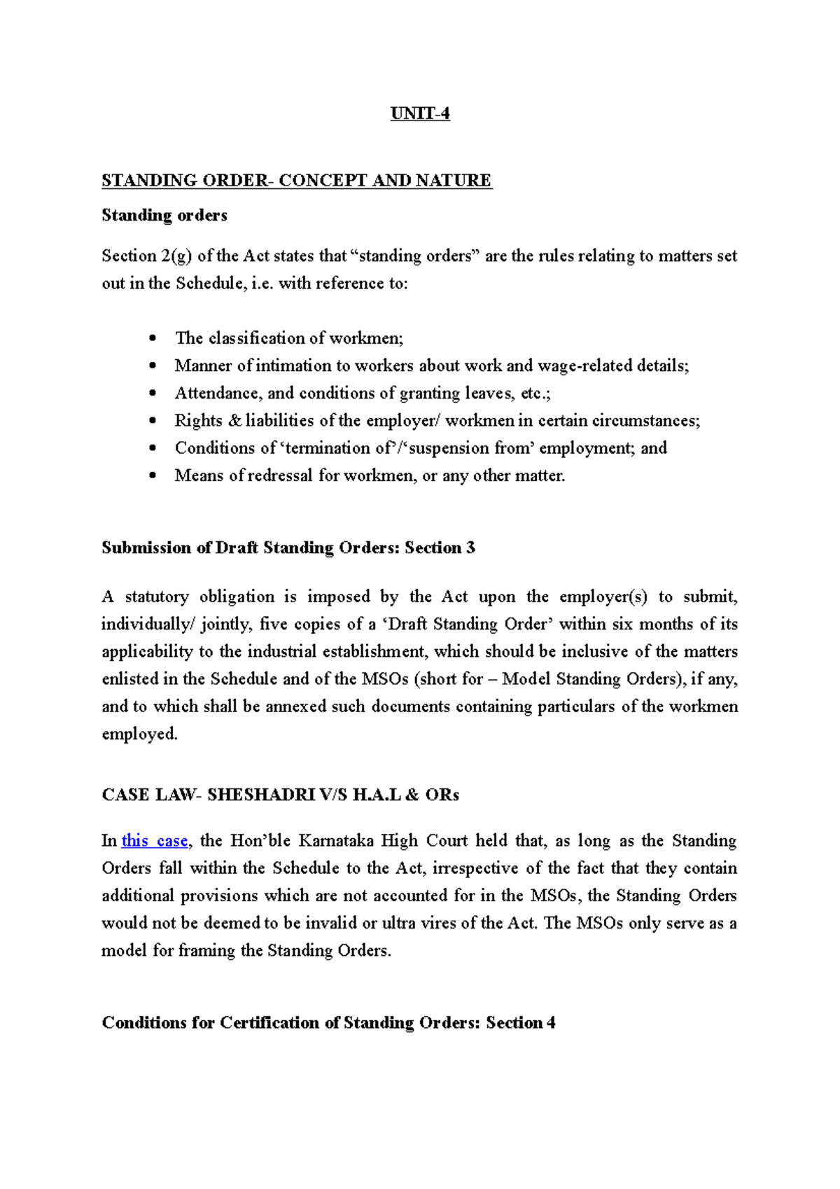 UNIT 4 - Labor - notes of every topic - UNIT- STANDING ORDER- CONCEPT ...