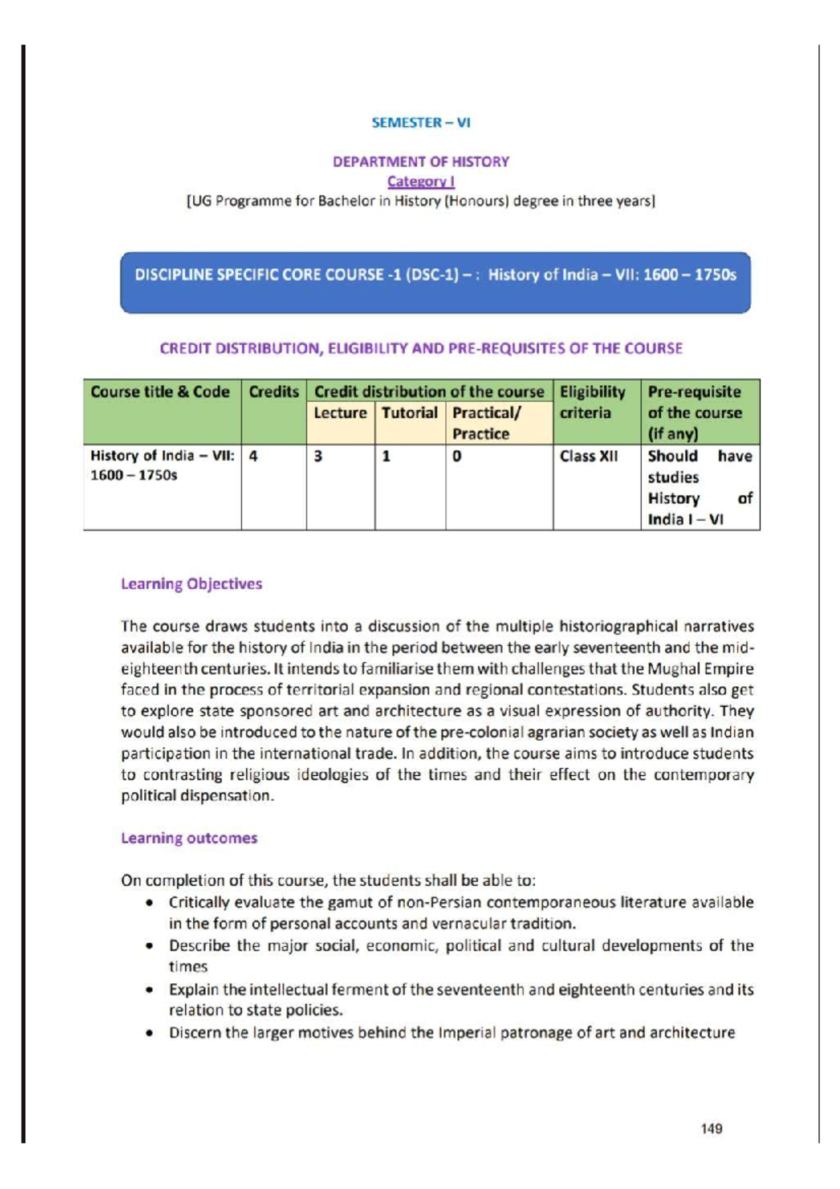B.A. (Hons) History VI Sem Syllabus: History of India 1600-1750 ...