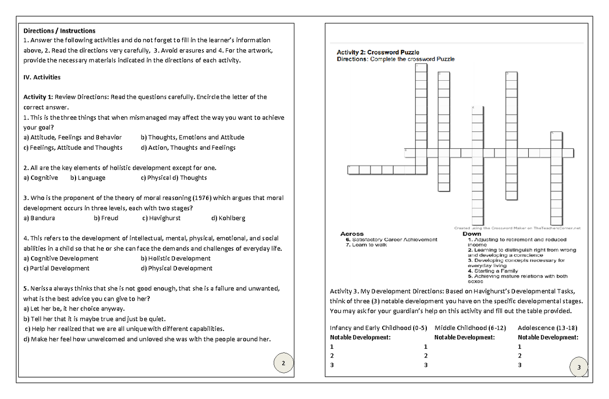 Perdev-Q1W3-LAS - Activity on Developmental Tasks and Directions - Studocu