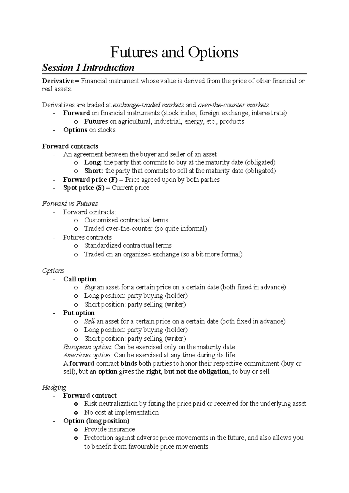 Futures and Options - Lecture Notes (FIN 101) - Studocu