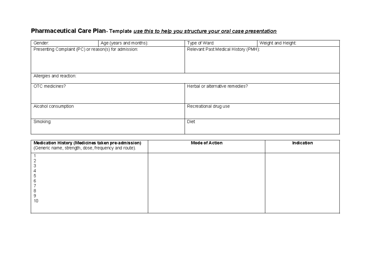 Pharmaceutical Care Plan Template for Oral Case Presentation - Studocu