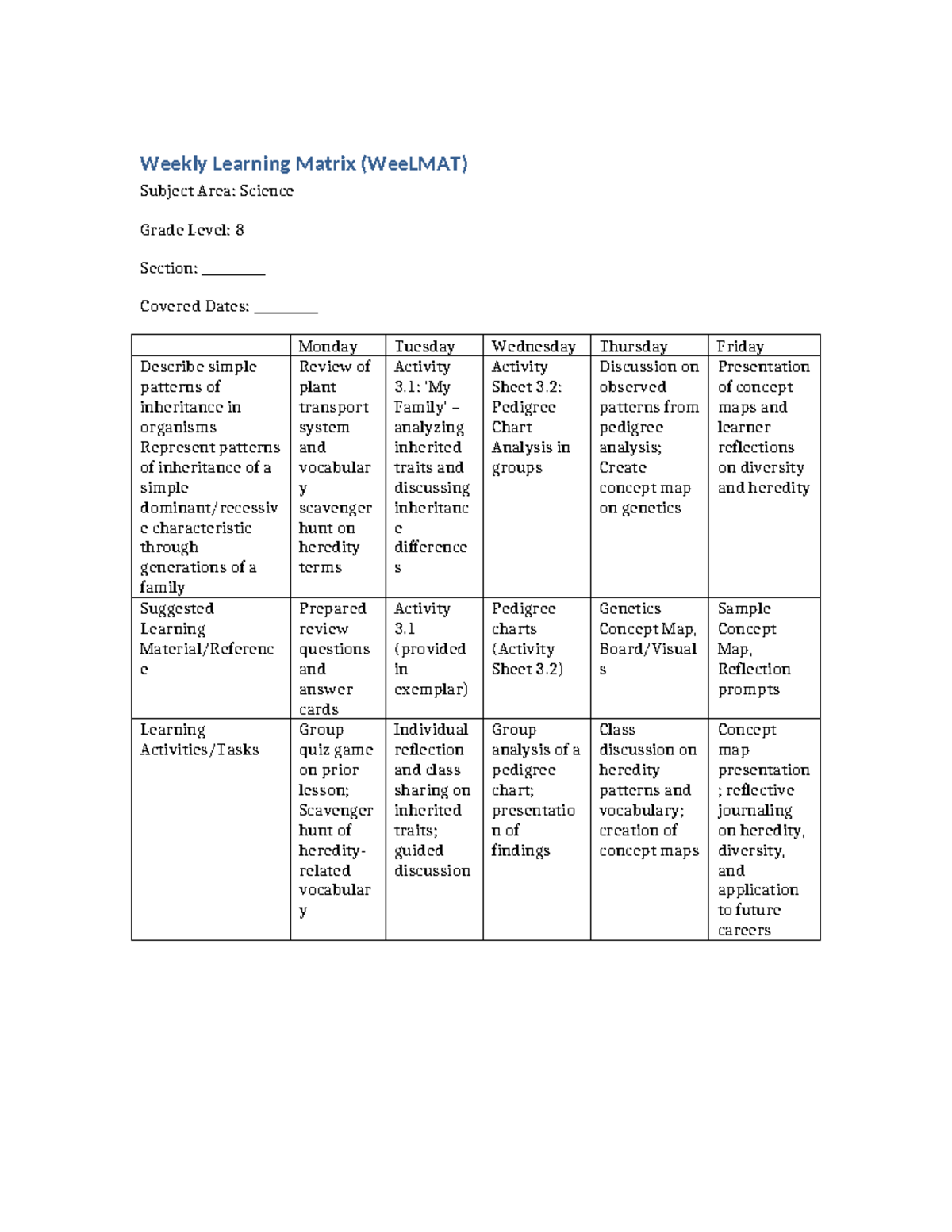 WeeLMAT Science 8: Weekly Learning Matrix on Inheritance Patterns - Studocu