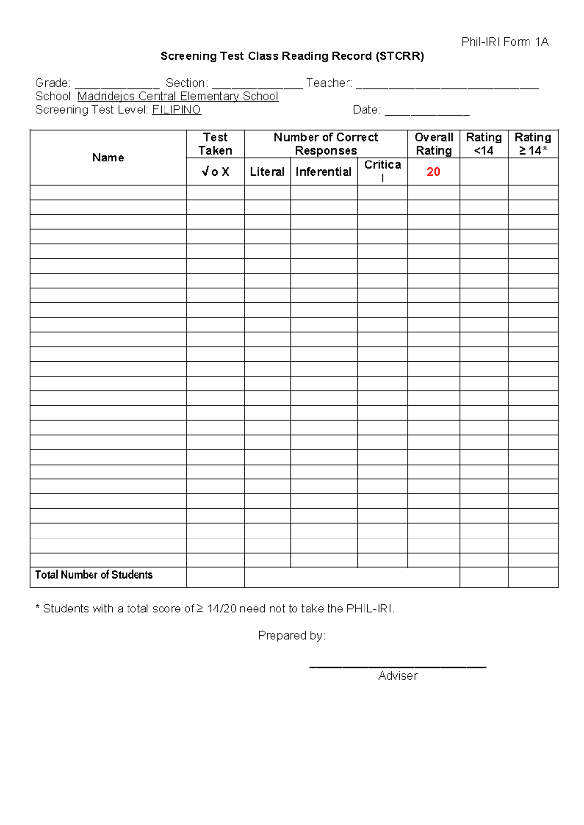Phil-IRI Screening Test Class Reading Record - Phil-IRI Form 1A ...