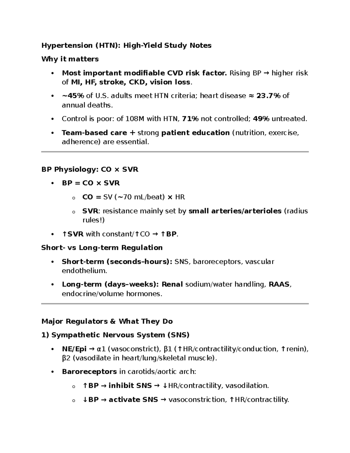 Hypertension (HTN) Study Notes: Key Concepts and Management Strategies ...