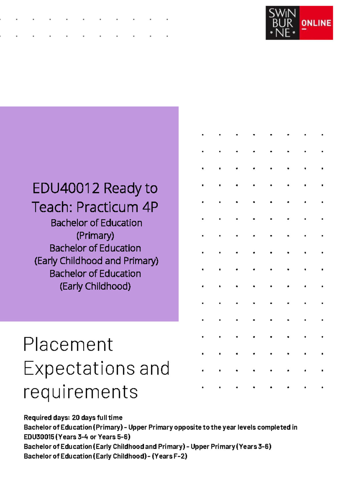 EDU40012 Practicum Placement Expectations for Bachelor of Education ...