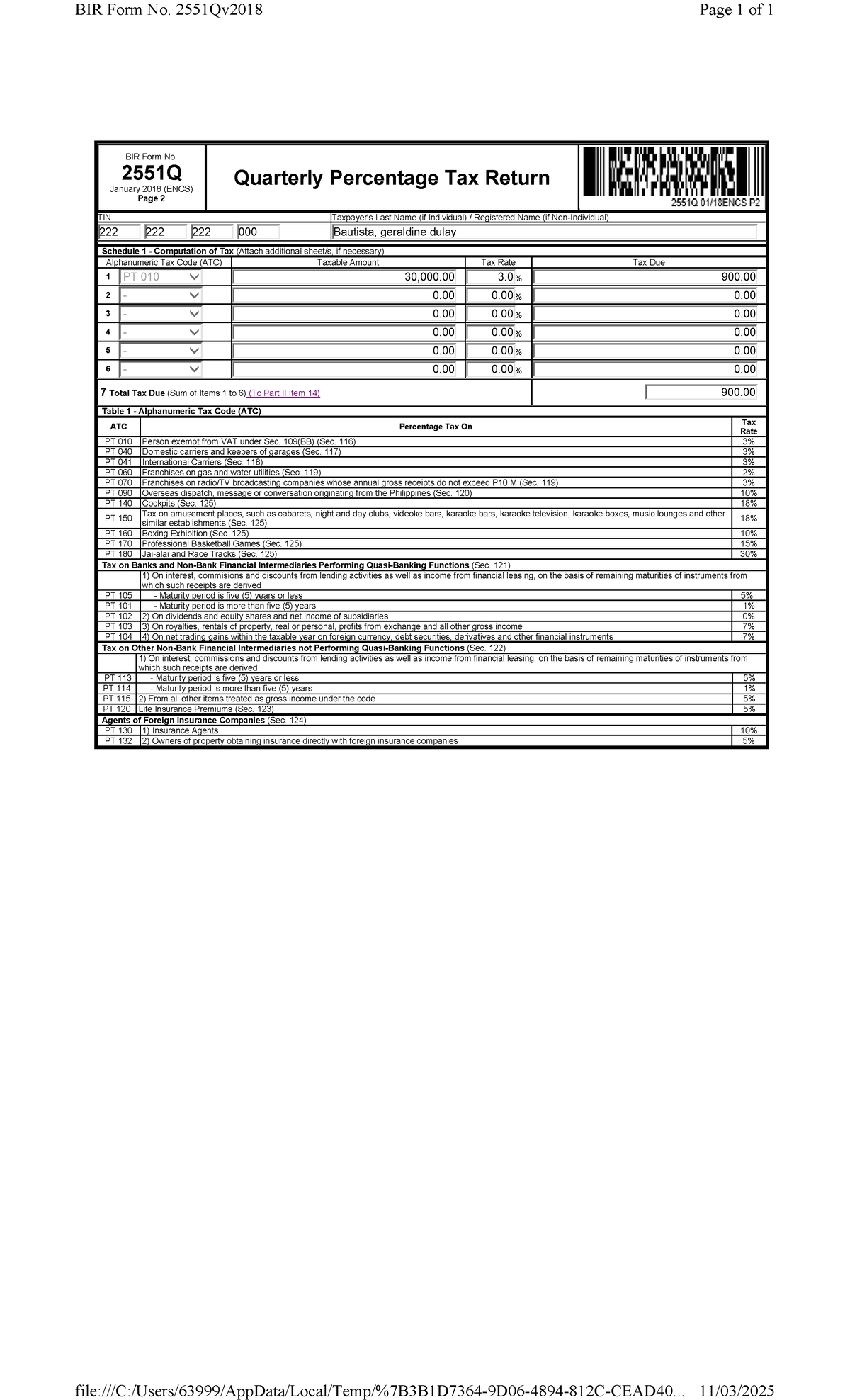 BIR Form No. 2551Q: Quarterly Percentage Tax Return Notes - Studocu