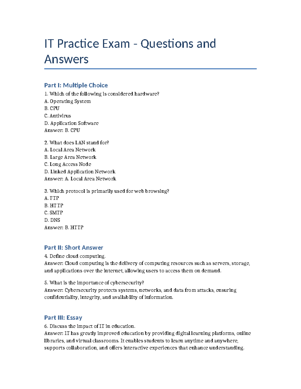 IT Practice Exam Guide: Questions & Answers for IT Course - Studocu