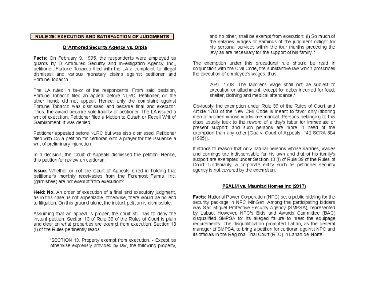 Remedial Law Review 1 - Key Case Digests on Execution of Judgments ...