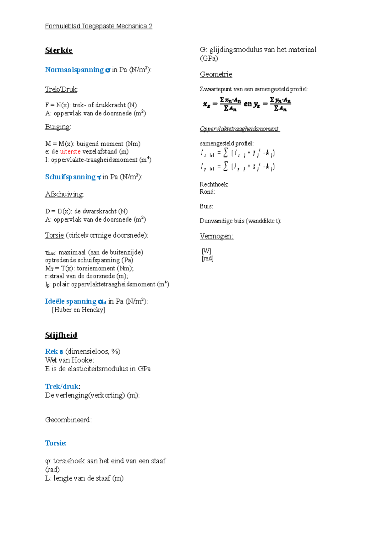 Formuleblad Toegepaste Mechanica 2 - Sterkte en Stijfheid Concepts ...