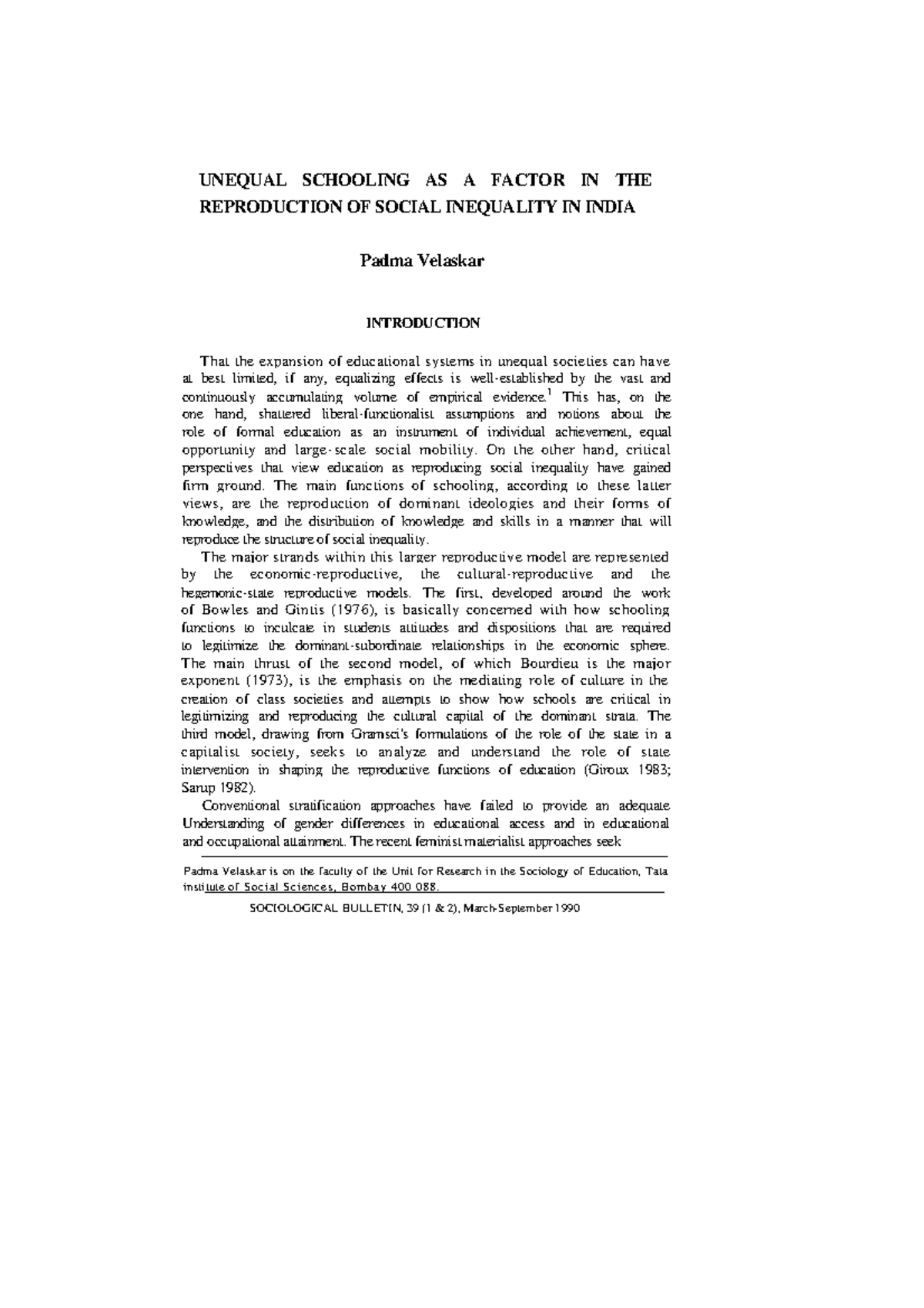 UNEQUAL SCHOOLING AND SOCIAL INEQUALITY IN INDIA: A STUDY BY VELASKAR ...