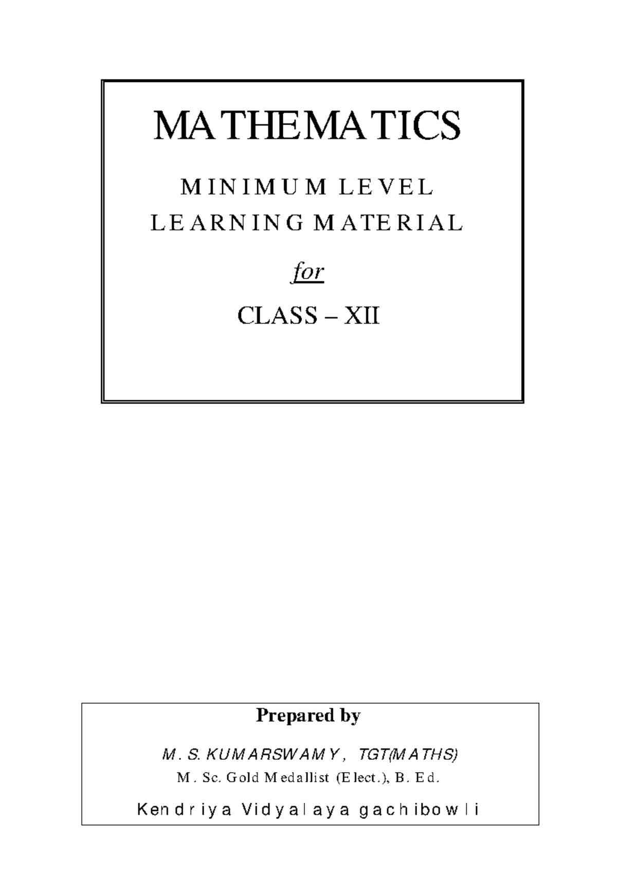 MATHEMATICS MINIMUM LEVEL LEARNING MATERIAL FOR CLASS XII - Studocu