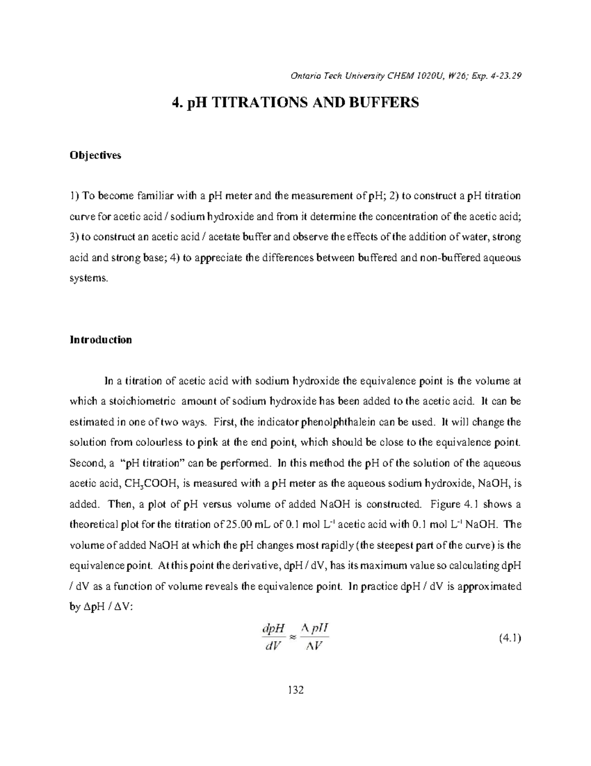 Ontario Tech University CHEM 1020U, Exp. 4: pH Titrations & Buffers ...