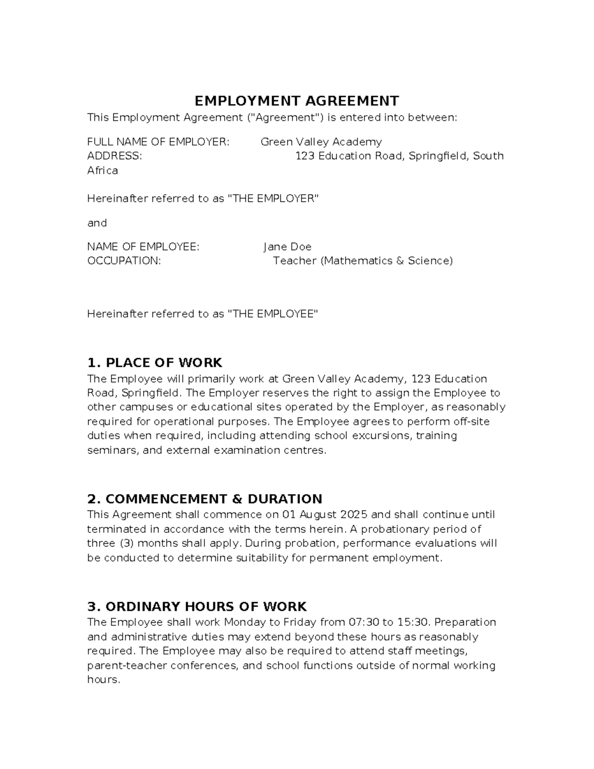 EMPLOYMENT AGREEMENT - Teacher Contract for Jane Doe - Studocu