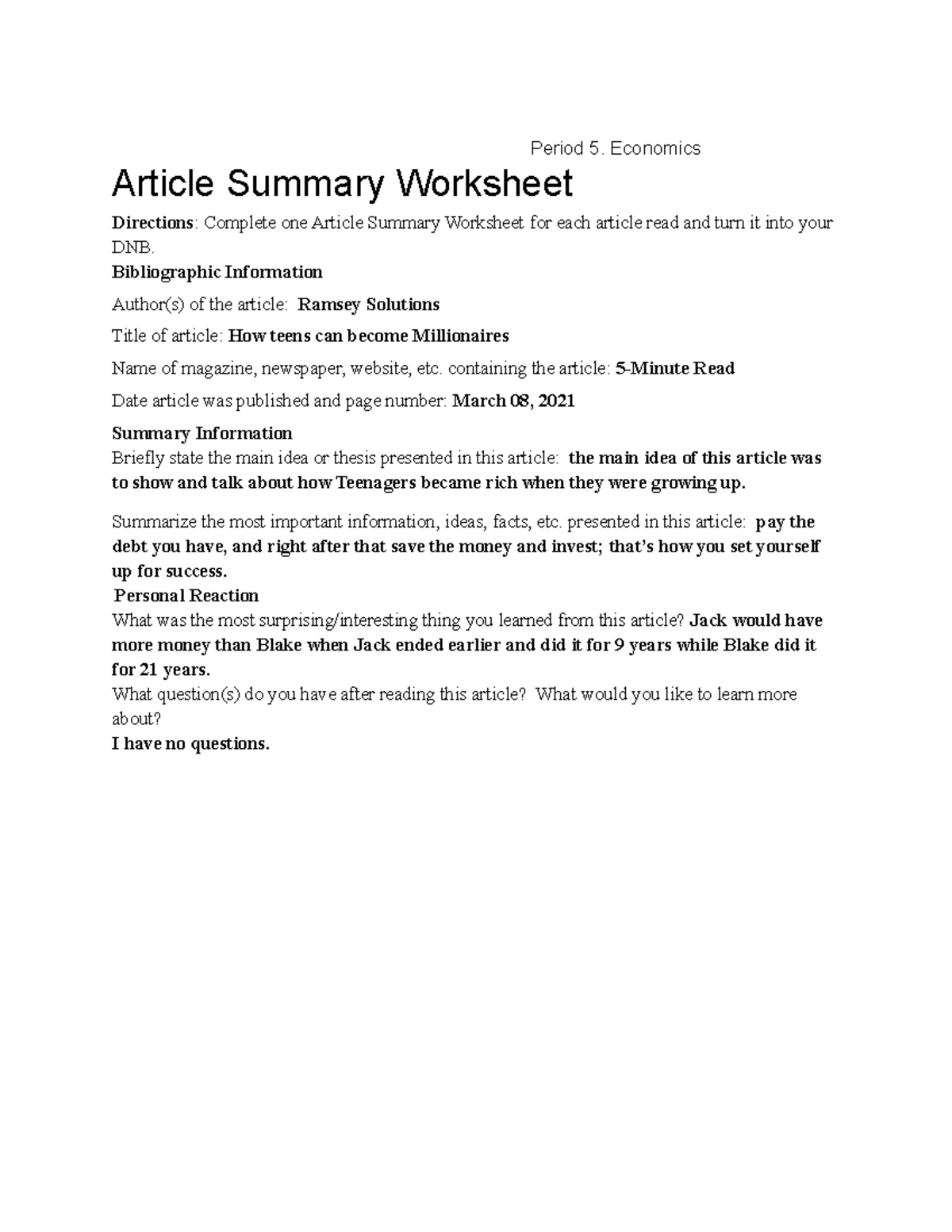 Article Summary Worksheet