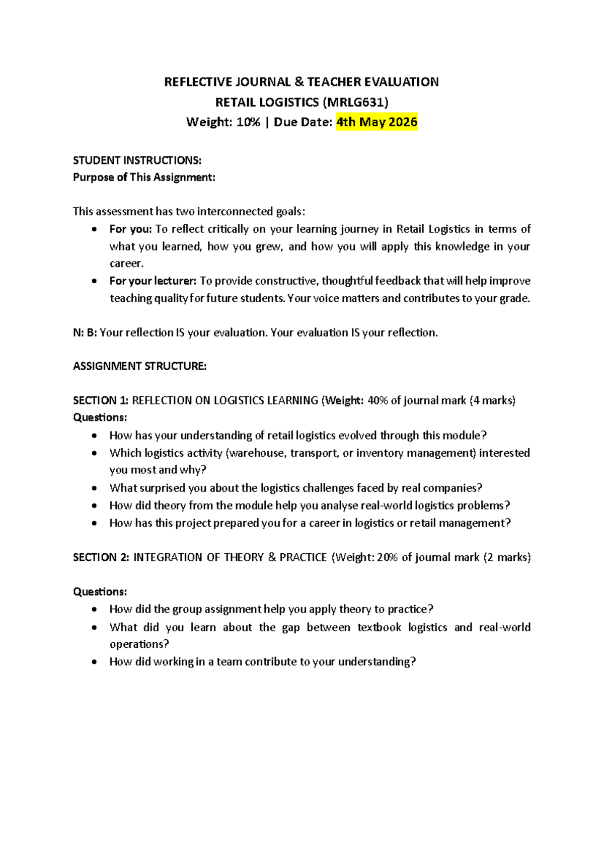 Reflective Journal on Teacher Evaluation in Retail Logistics (MRLG631 ...