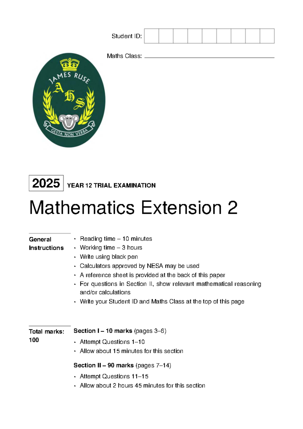 2025 HSC Maths Ext 2 Trial Exam - James Ruse Agricultural High School ...