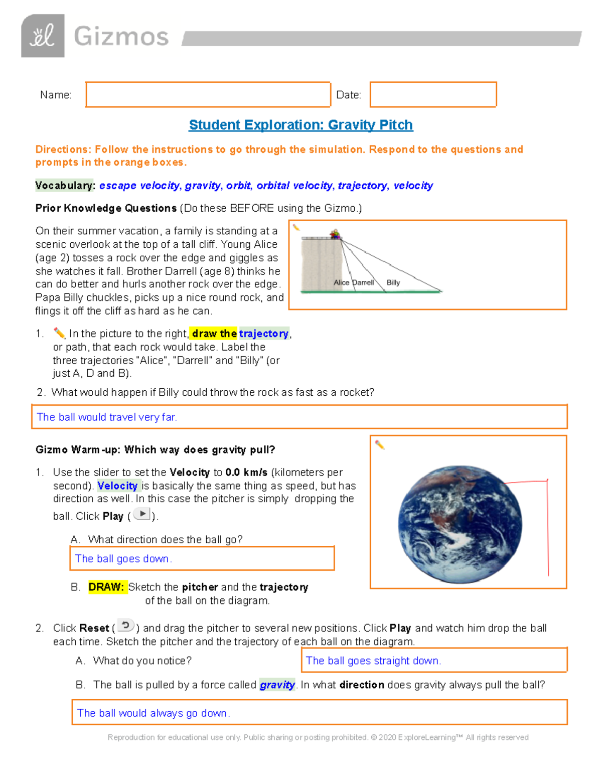 7 12 Gravity Pitch SE - Name: Date: Student Exploration: Gravity Pitch Directions: Follow the ...