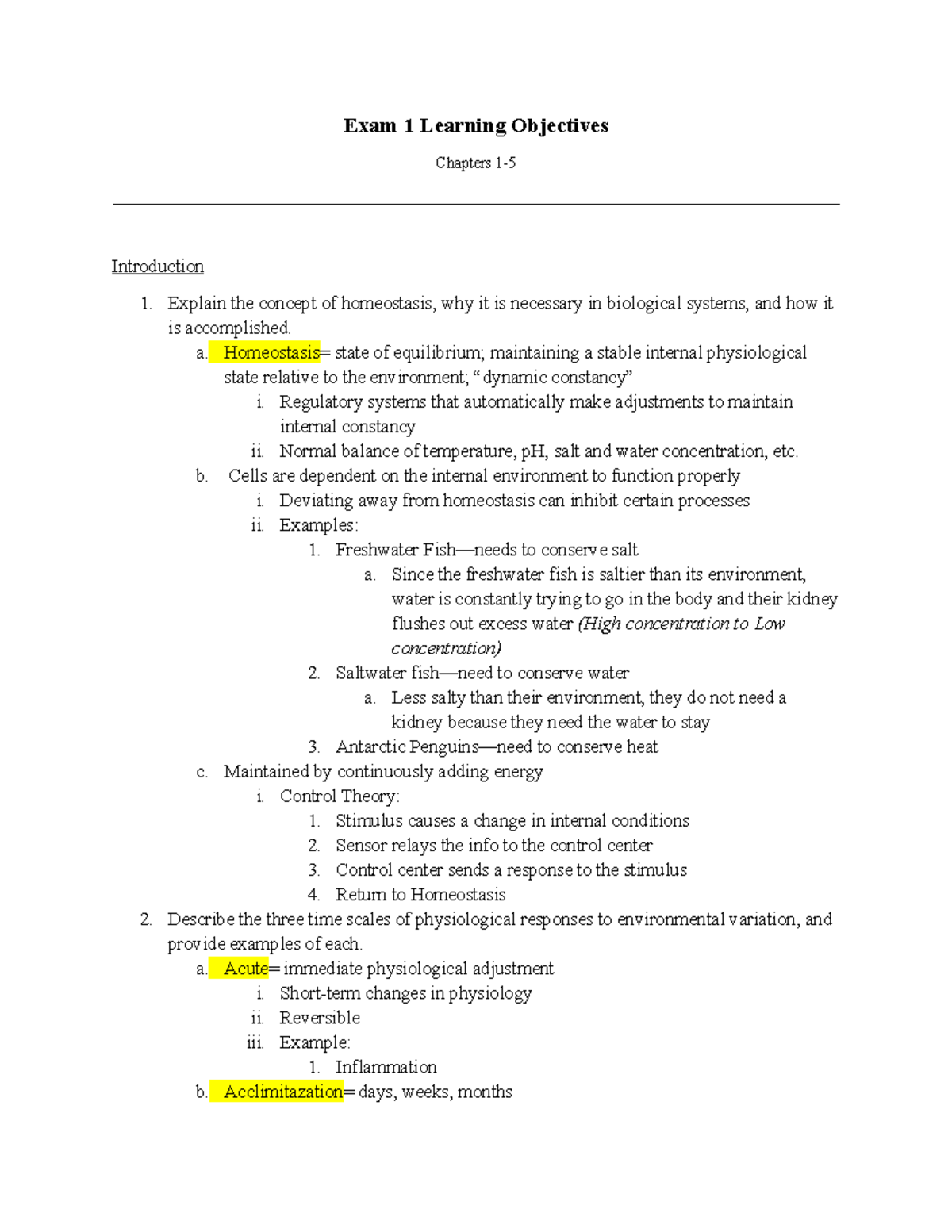 Physio 101: Exam 1 Learning Objectives and Key Concepts - Studocu