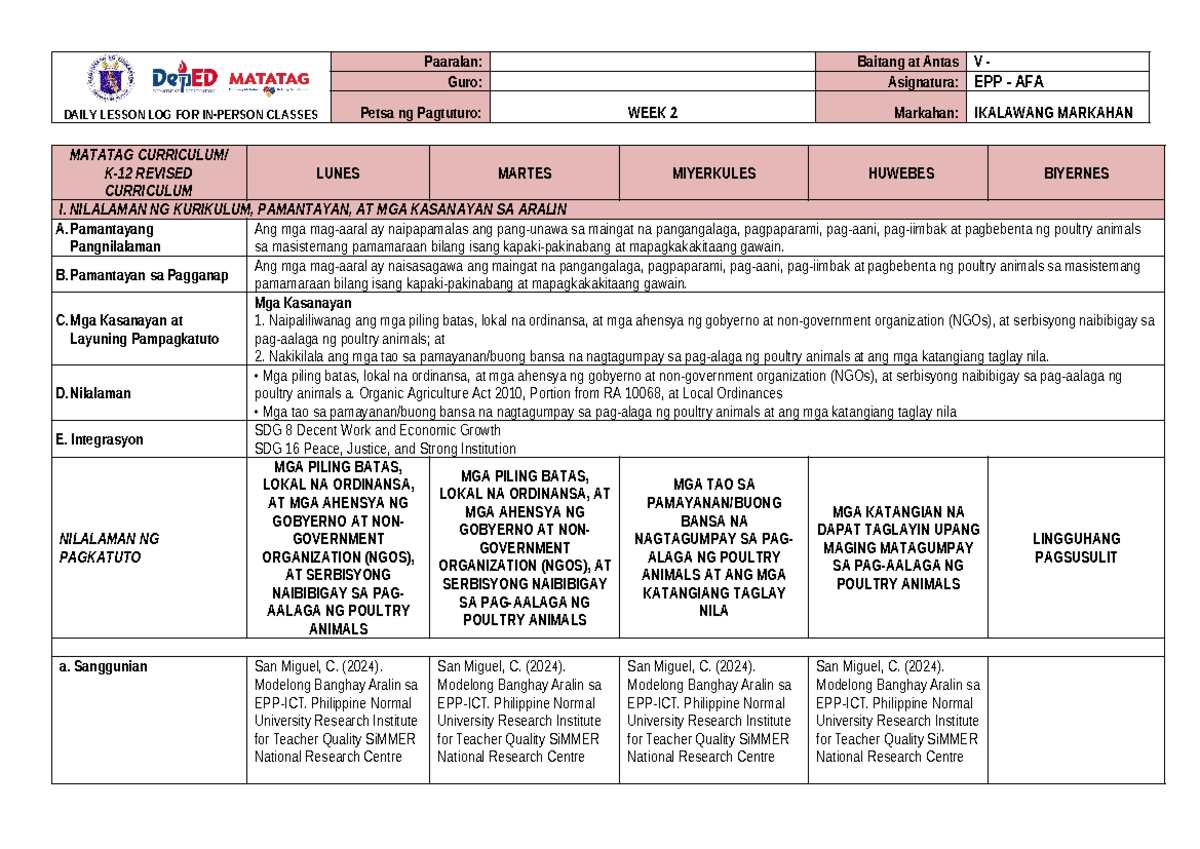 EPP5 Q2 W2 - Daily Lesson Log on Poultry Care and Management - Studocu