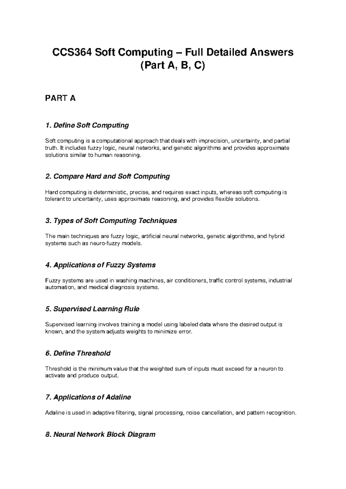 CCS364 Soft Computing: Comprehensive Answers (Parts A, B, C) - Studocu