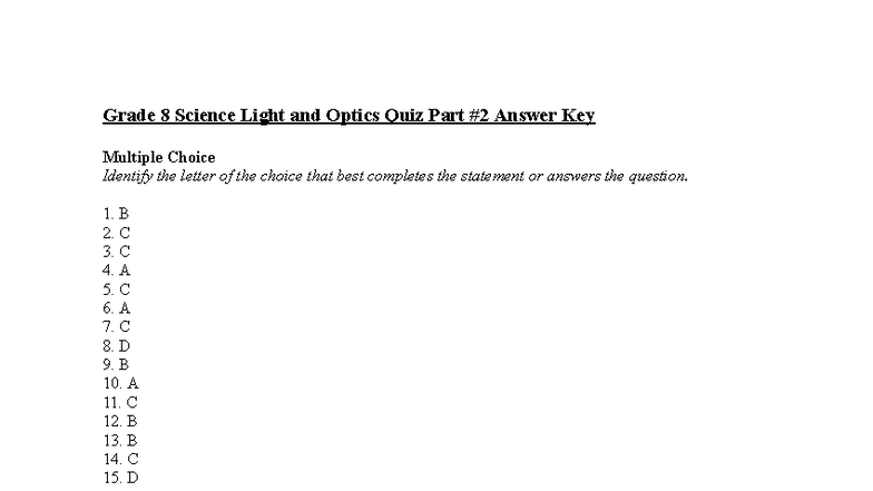 Grade 8 Science Light and Optics Quiz Part 2 Answer Key - Studocu