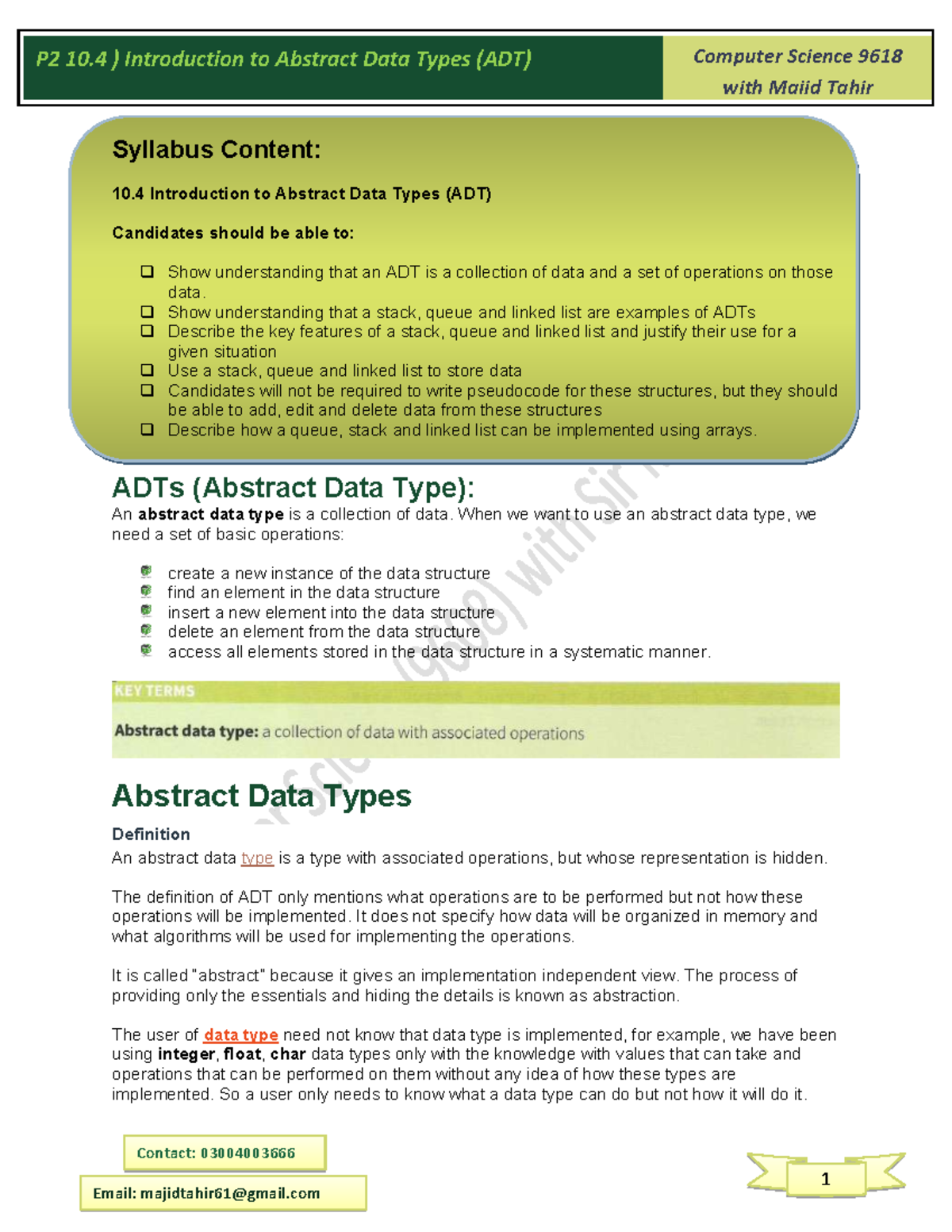 P2 10.4: Understanding Abstract Data Types (ADT) in CS 9618 - Studocu