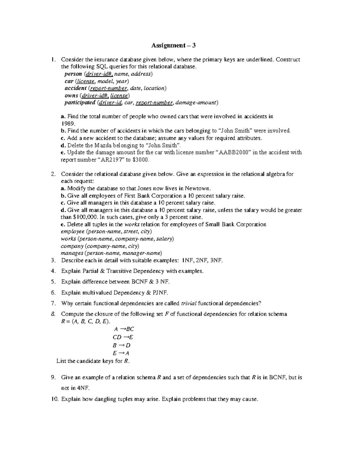 DBMS-Assignment 3 - SQL Queries and Database Normalization Techniques - Studocu