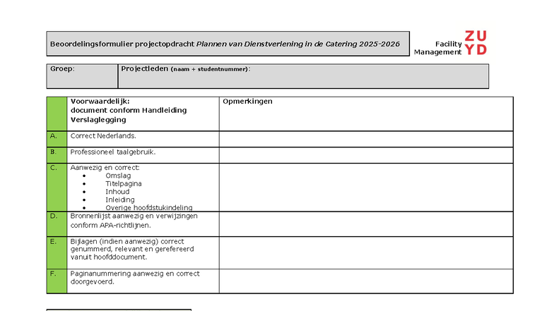 Beoordelingsformulier Projectopdracht: Plannen van Dienstverlening in ...