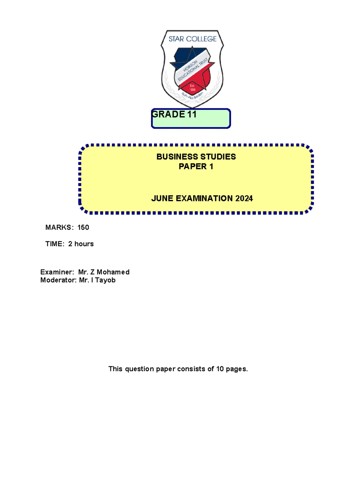 2024 BSTD G10 June Exams Paper 1 Question Paper - Studocu