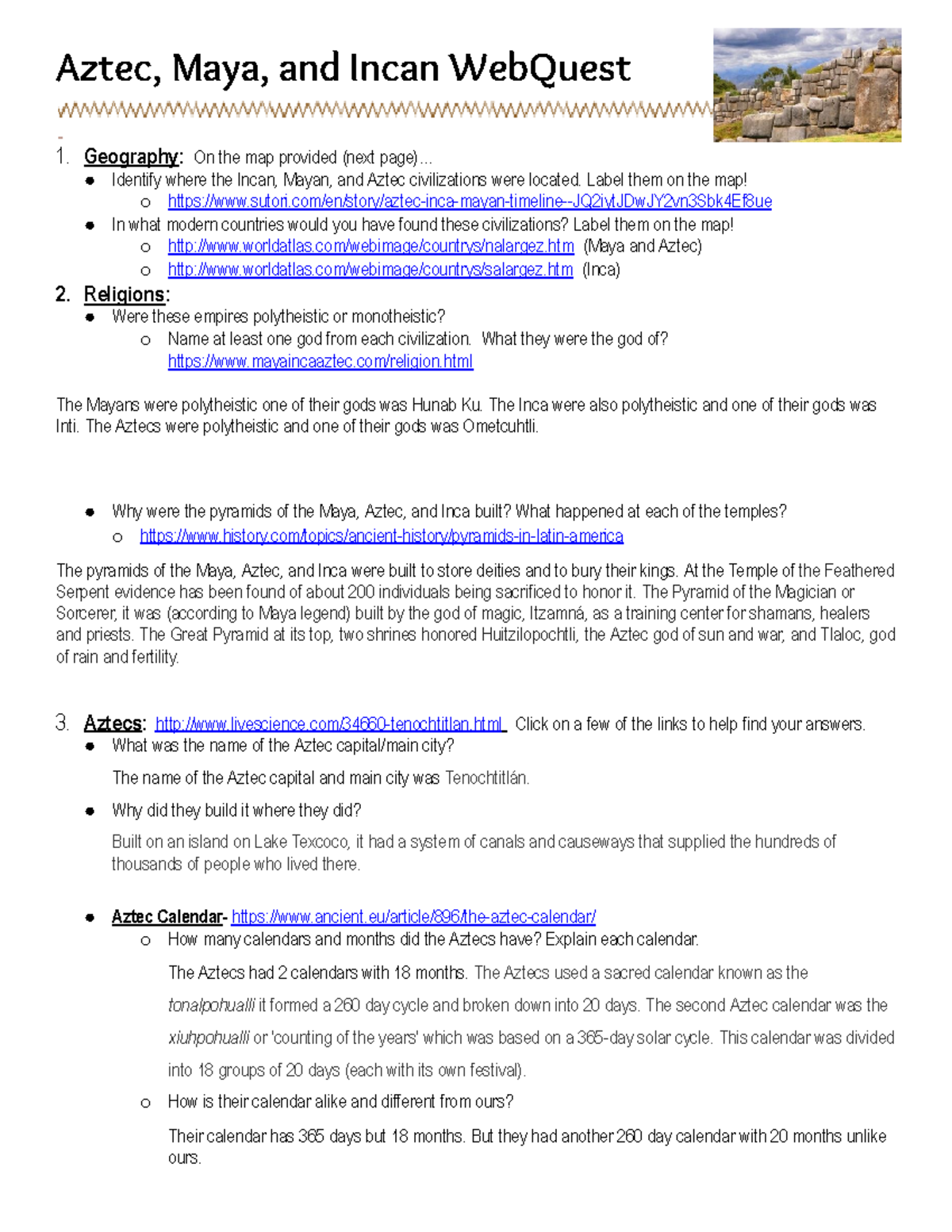 Aztec, Maya, and Incan Civilizations WebQuest (2024) - Studocu