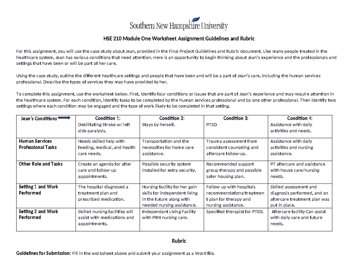 HSE 210 Module One Worksheet Assignment Guidelines and Rubric - Like many people treated in the ...