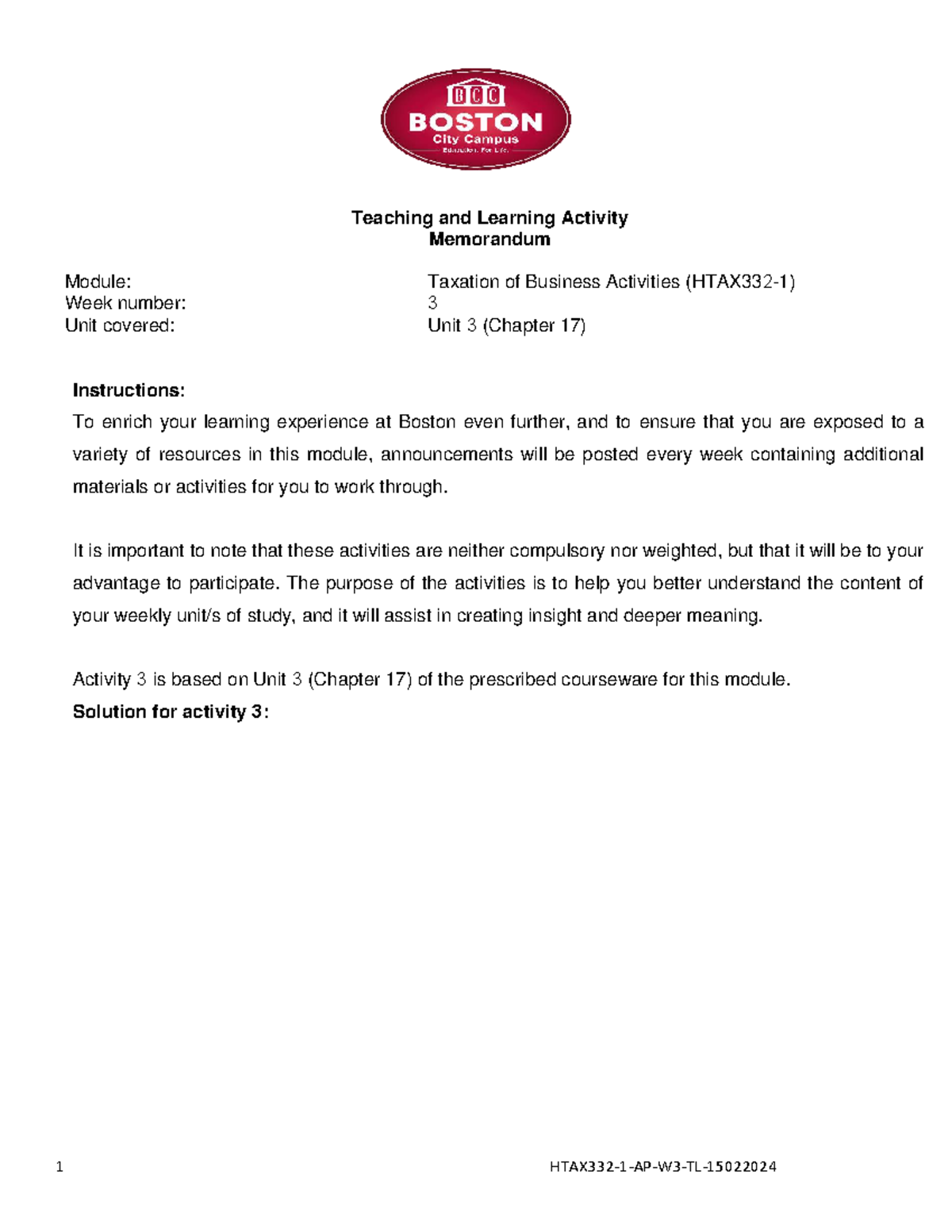 HTAX332 Teaching & Learning Activity: Unit 3 (Chapter 17) Solutions ...