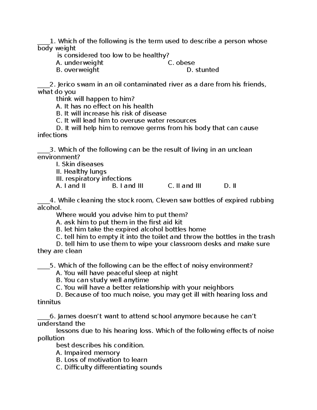 Health 6 Q3 SET 1 - Test Paper on Environmental Health Issues - Studocu