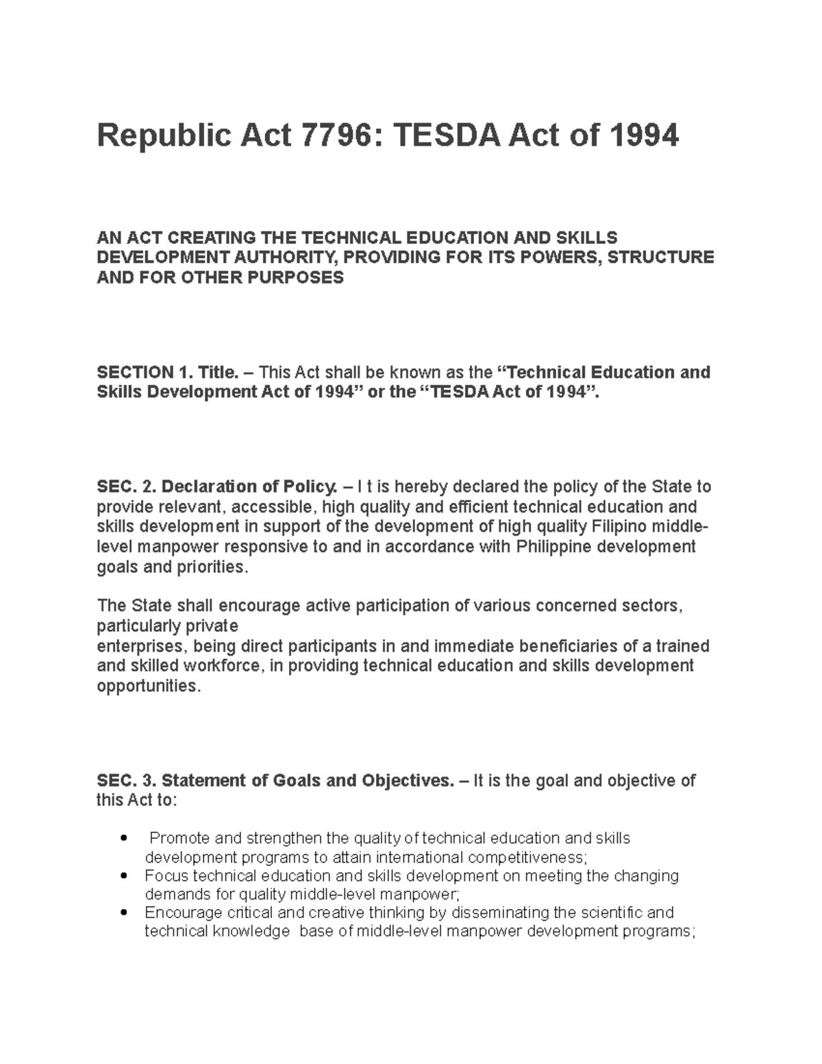 Republic Act 7796: Overview of the TESDA Act of 1994 - Studocu