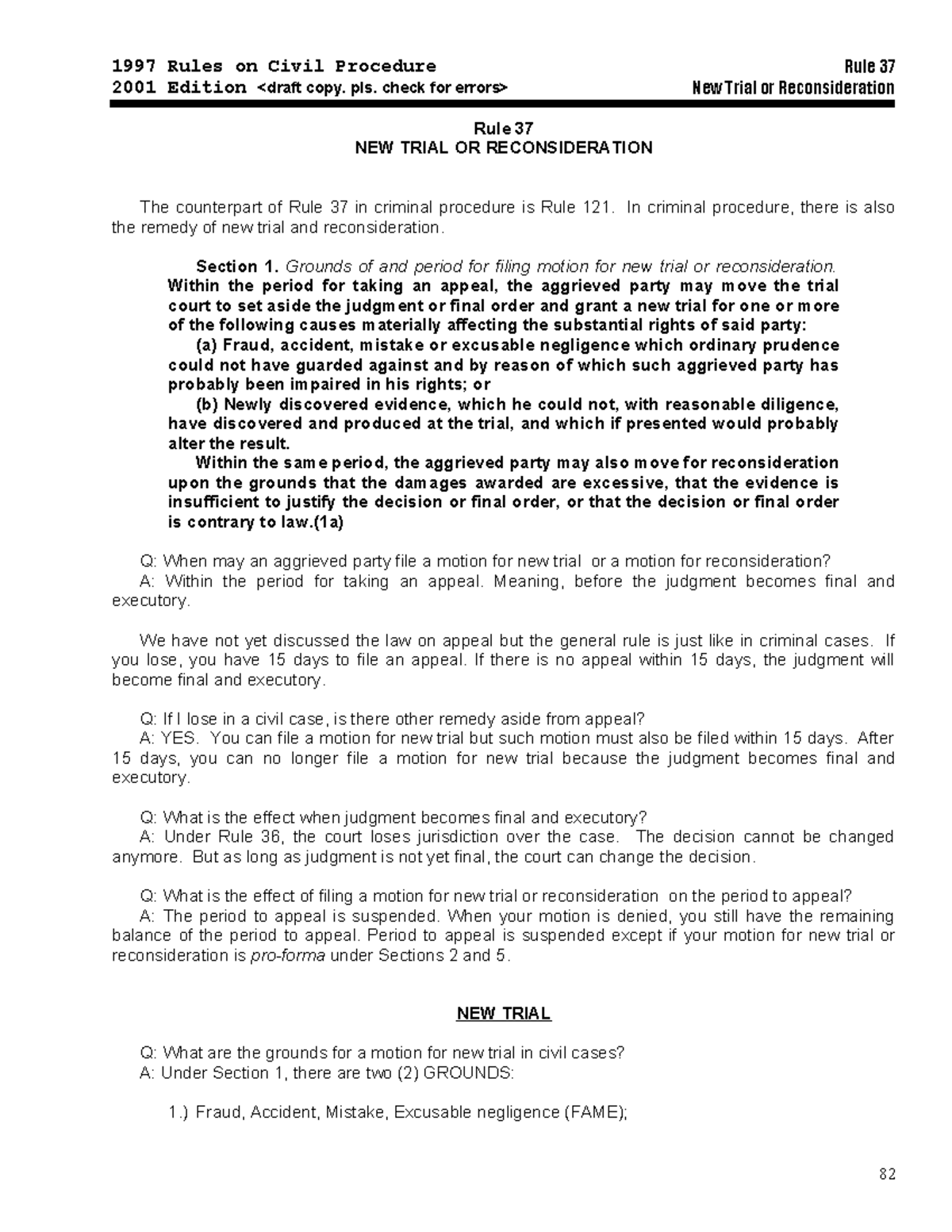 1997 Rules on Civil Procedure: Rule 37 New Trial & Reconsideration ...