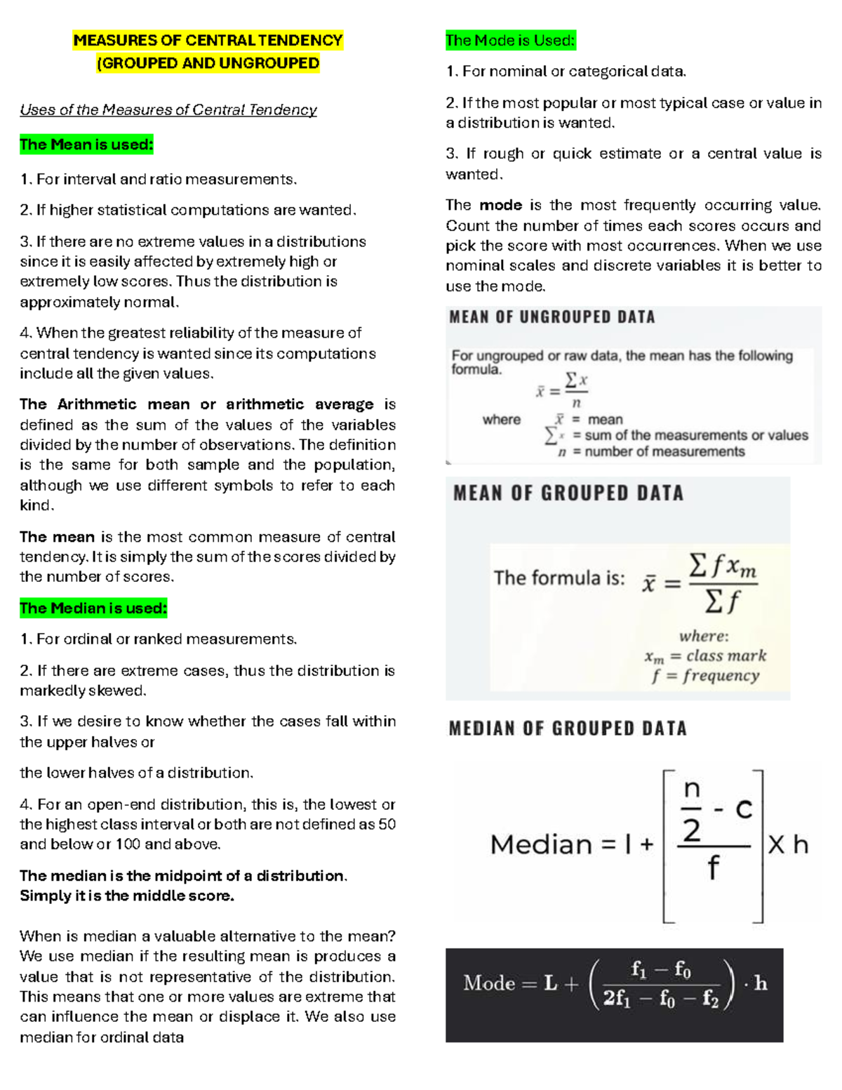 MEASURES OF CENTRAL TENDENCY: MEAN, MEDIAN, AND MODE EXPLAINED - Studocu
