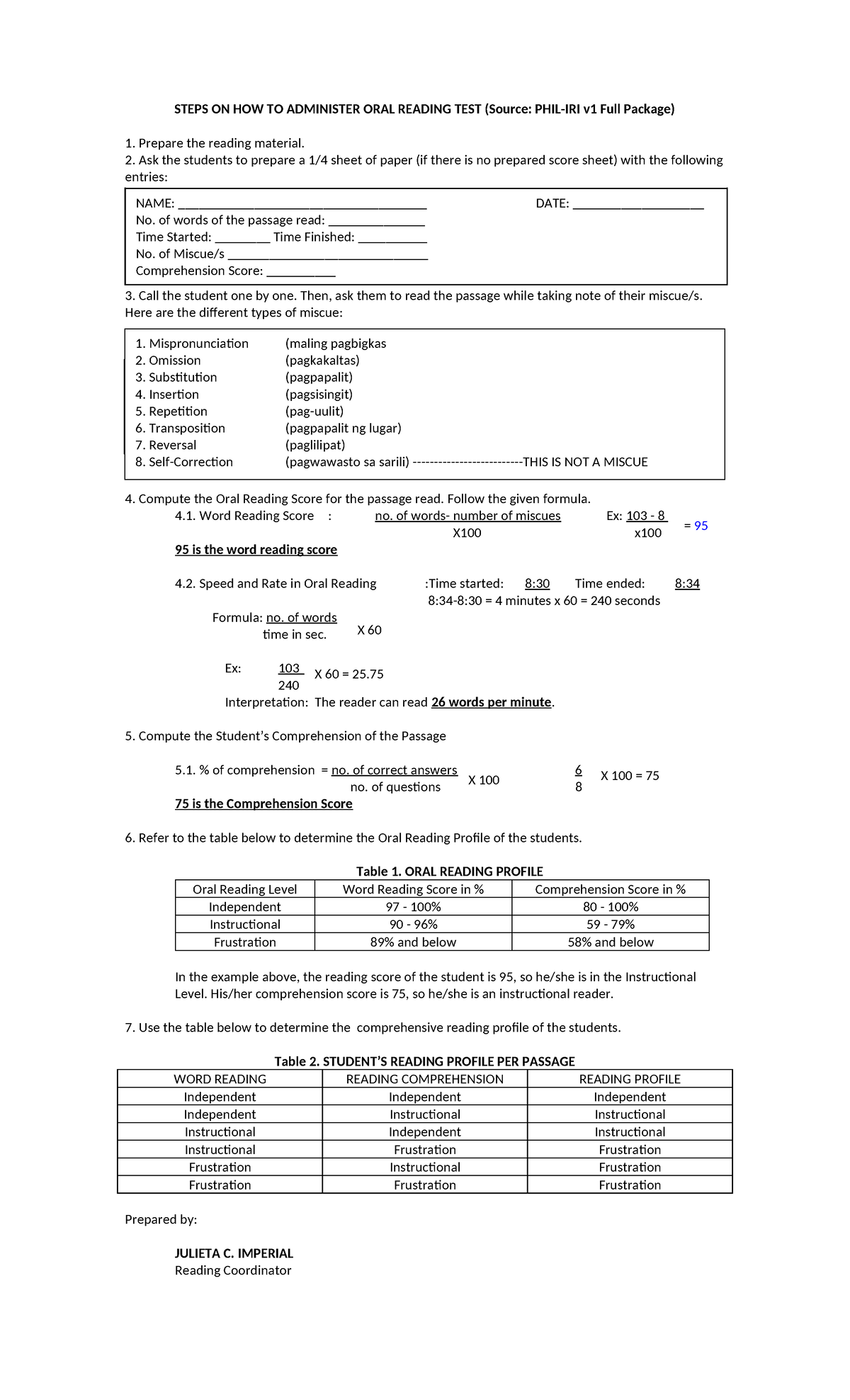 PHIL-IRI v1 Guidelines for Oral Reading Test 1 Administration - Studocu