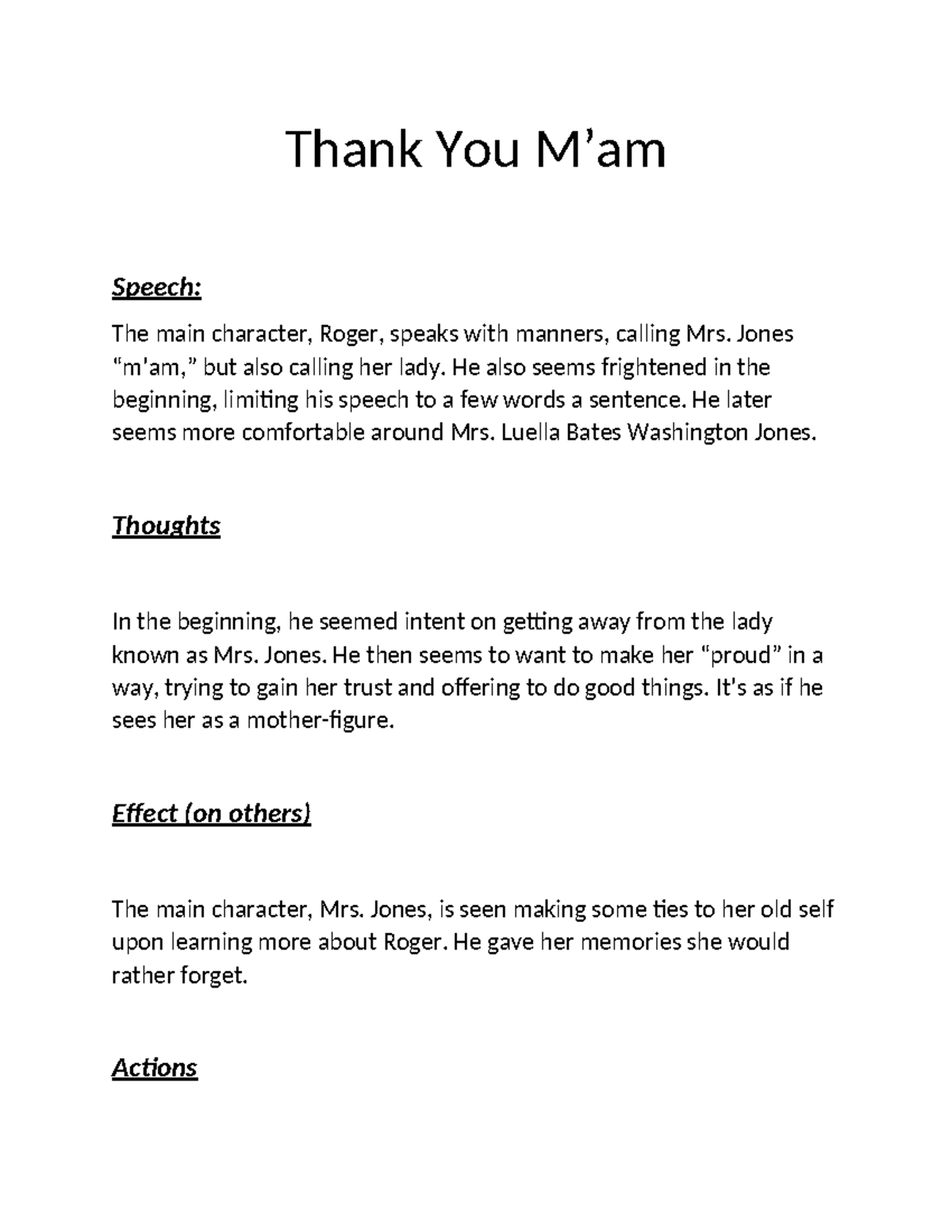 Thank you M'am summary - Thank You M’am Speech: The main character ...