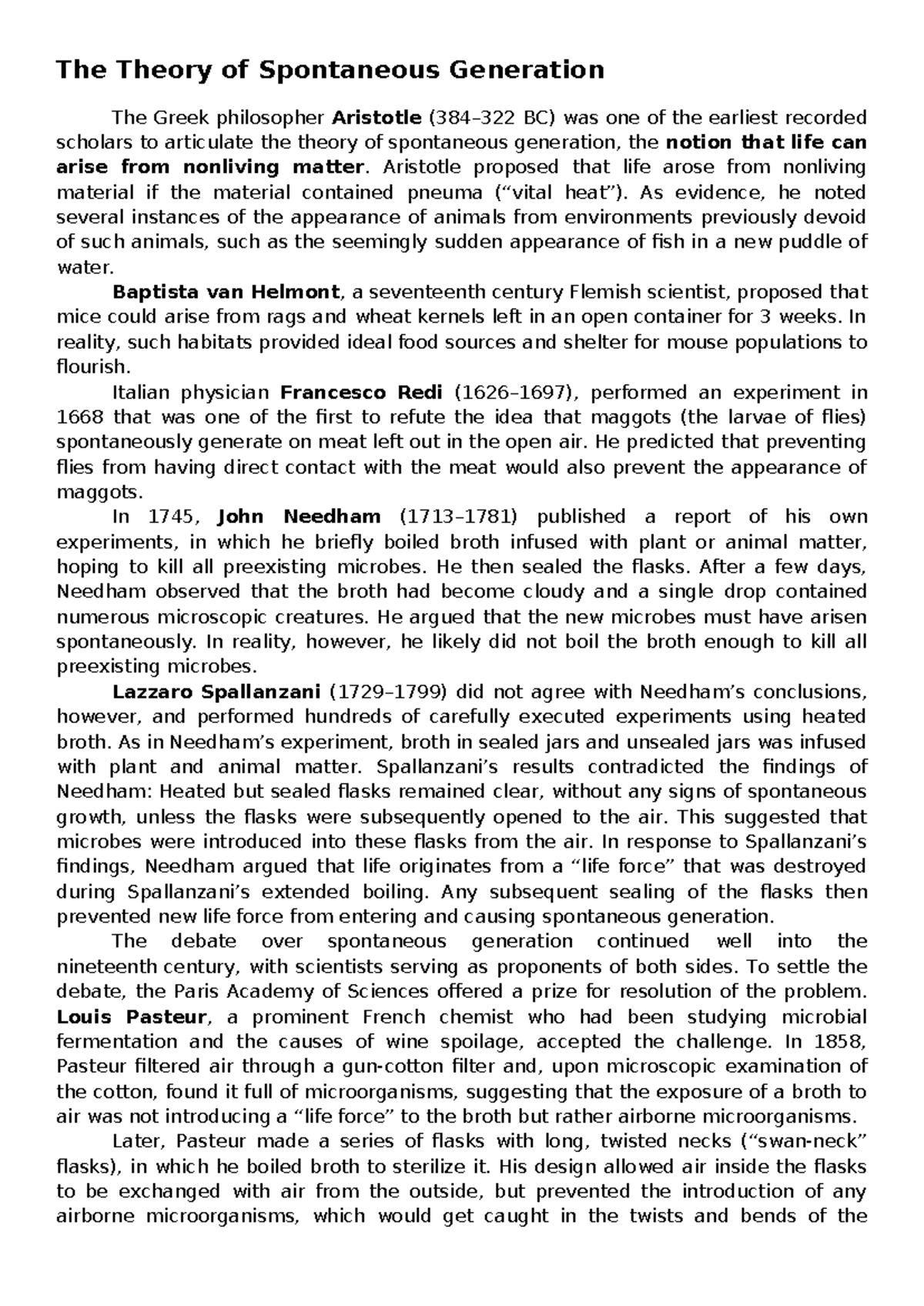 The Theory of Spontaneous Generation: Historical Insights and ...