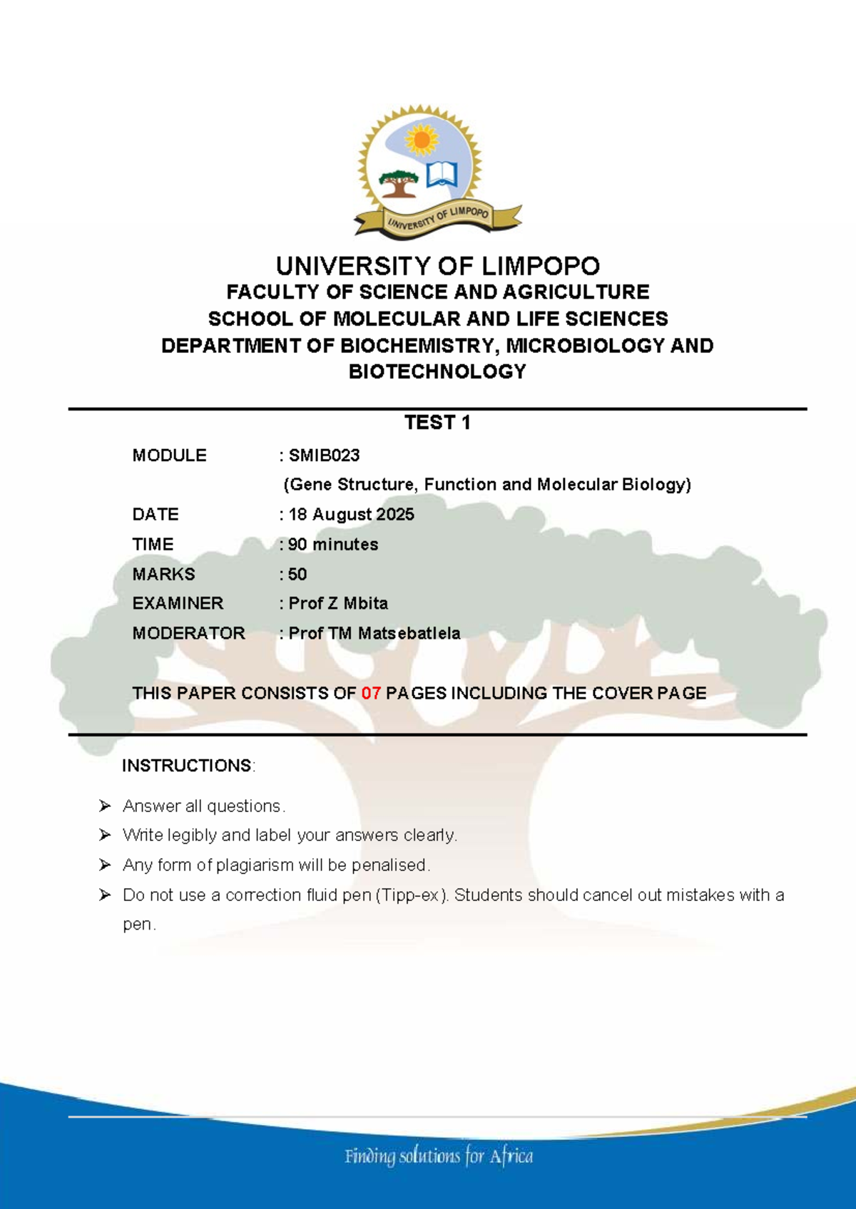 SMIB032 Test 1 2025 Memo: Gene Structure & Molecular Biology - Studocu