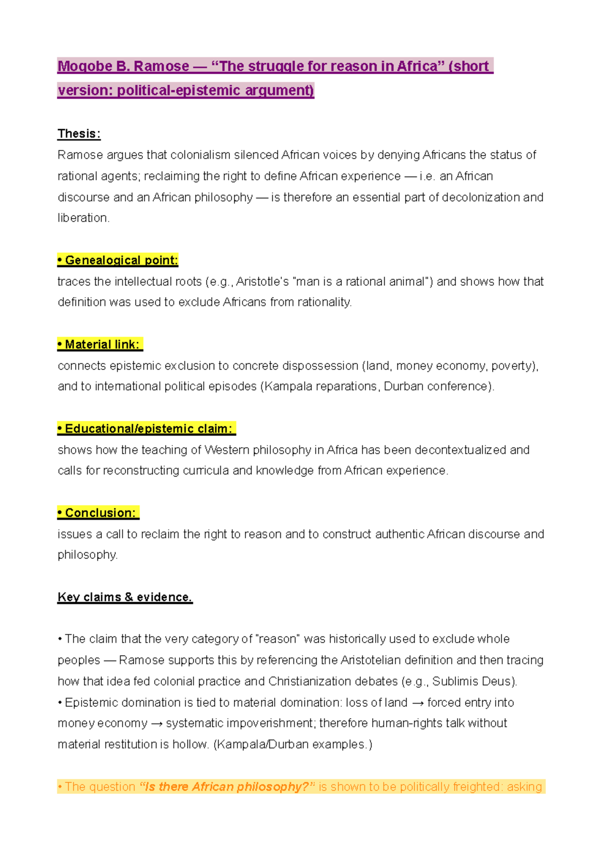 Summary Analysis of Ramose's Essay on Colonialism and Reason - Studocu